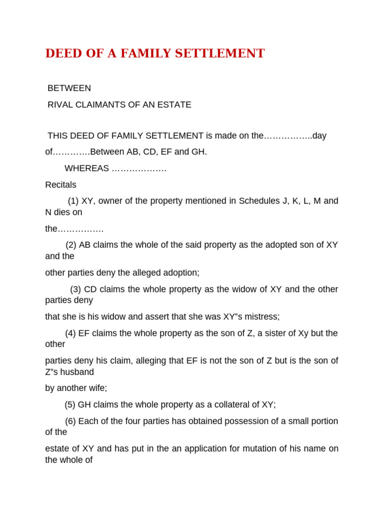 Deed of A Family Settlement | PDF | Property Law | Civil Law (Common Law)
