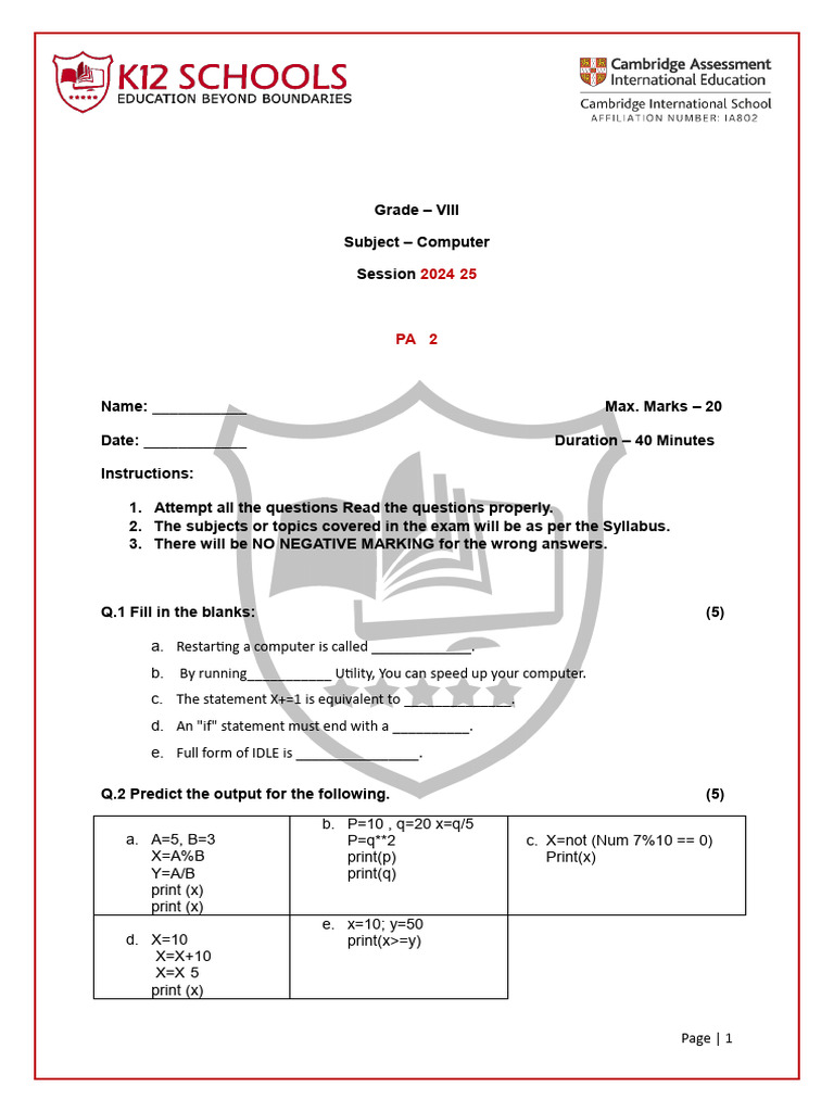 Grade 8 Computer Exam Paper 2024-25 | PDF