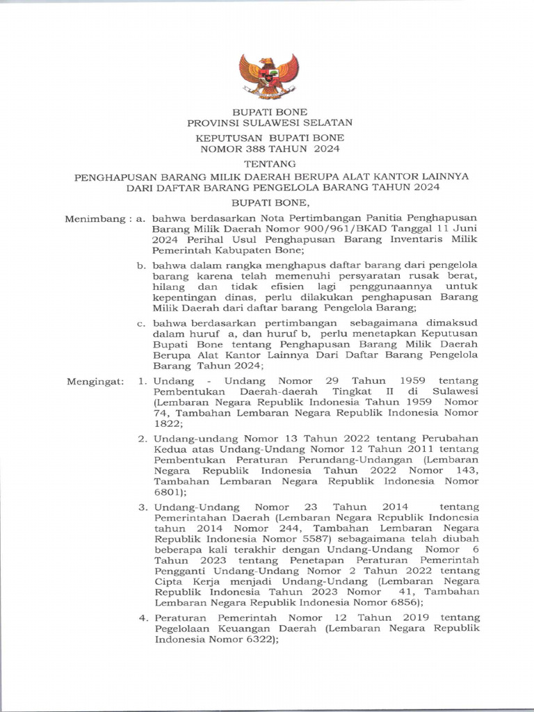 SK No. 388 Tahun 2024 - Penghapusan BMD Alat Kantor Lainnya | PDF