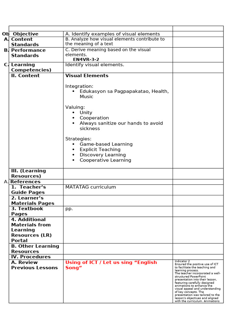 Cot 2 English 4 Visual Elements | PDF | Learning | Teachers