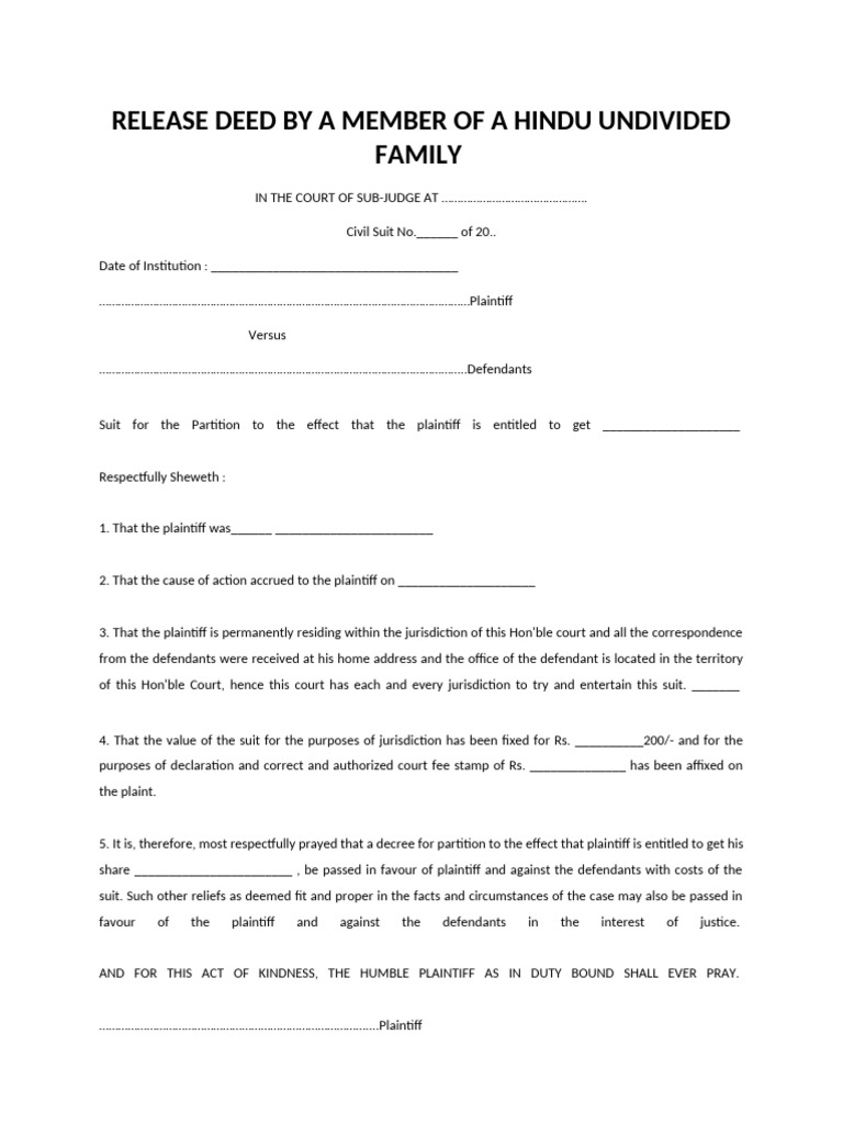 RELEASE DEED BY A MEMBER OF A HINDU UNDIVIDED FAMILY | PDF | Lawsuit ...