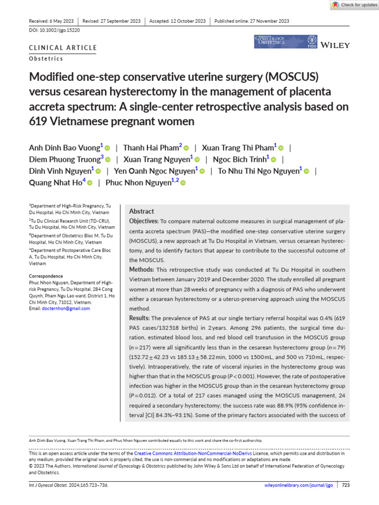 Intl J Gynecology Obste - 2023 - Vuong - Modified One Step Conservative Uterine Surgery MOSCUS ...