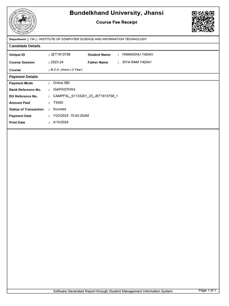 Course Fee Payment Receipt | PDF