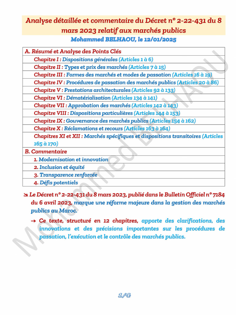 Analyse Détaillée Et Commentaire Du Décret N° 2-22-431 Du 8 Mars 2023 Relatif Aux Marchés ...