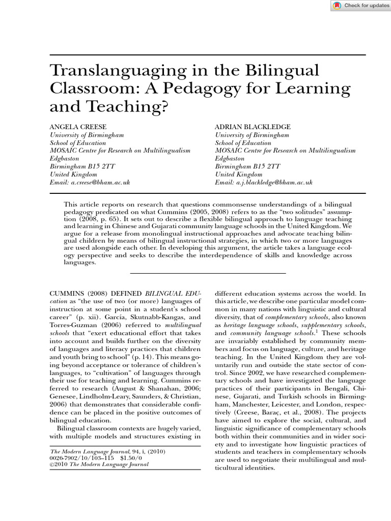 Translanguaging in Bilingual Classrooms | PDF | Multilingualism | Pedagogy