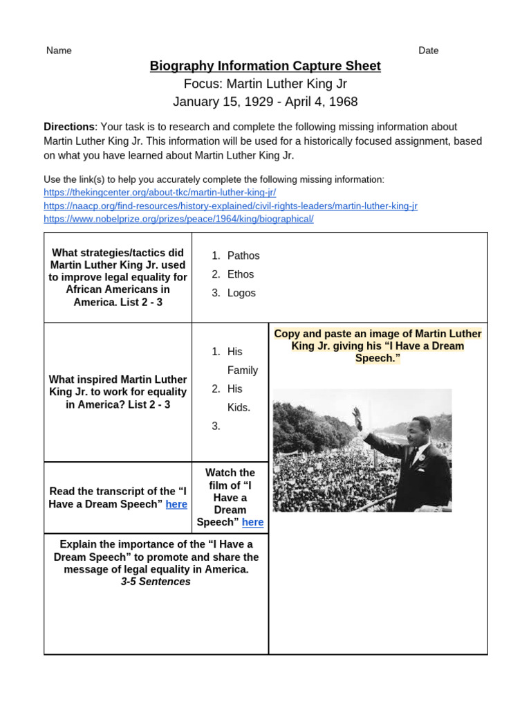 Biography Information Capture Sheet - MLK Jr. | PDF | Martin Luther ...
