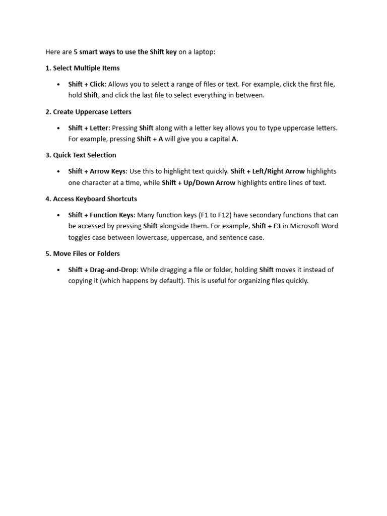 Five Smart Use of Shift Key of Laptop | PDF