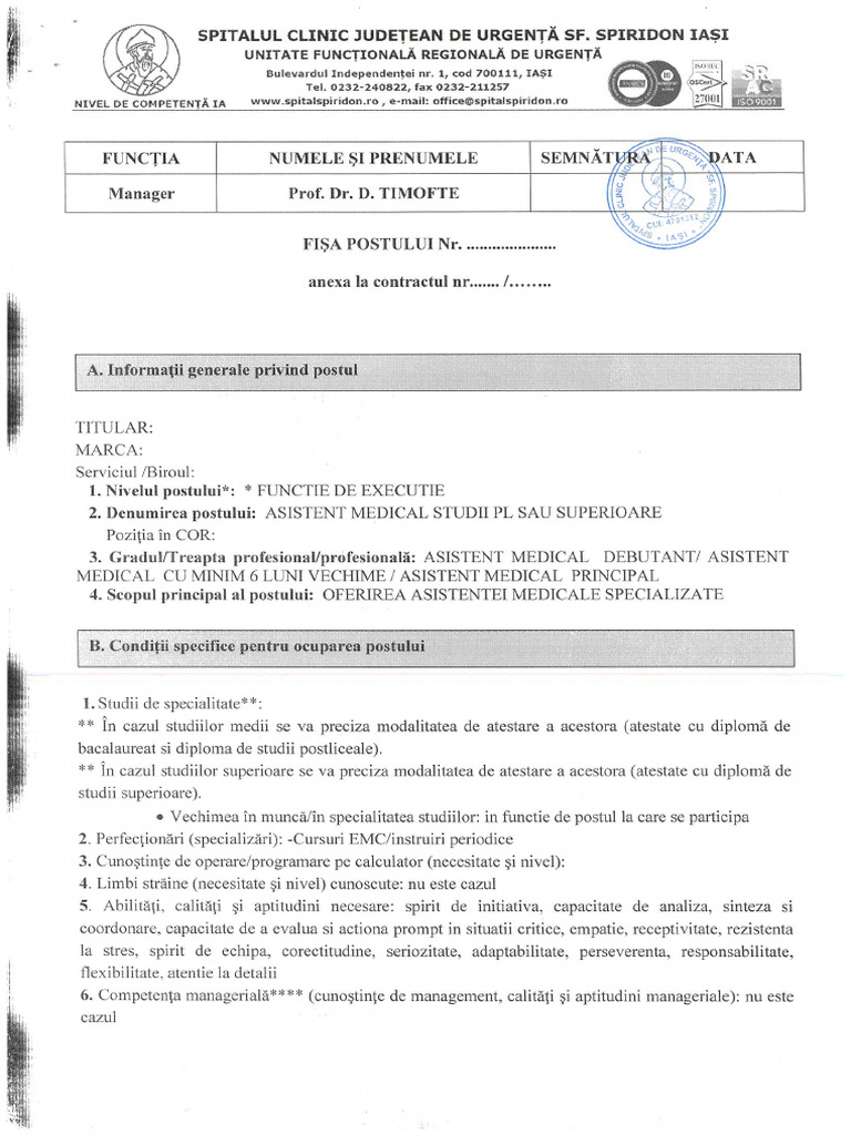 Fisa Postului - Asistent Medical SPITAL Cu Studii PL Sau Superioare | PDF
