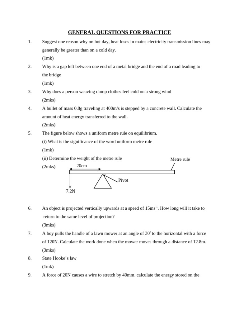 Physics Practice Questions for Form 1 | PDF | Gases | Pressure