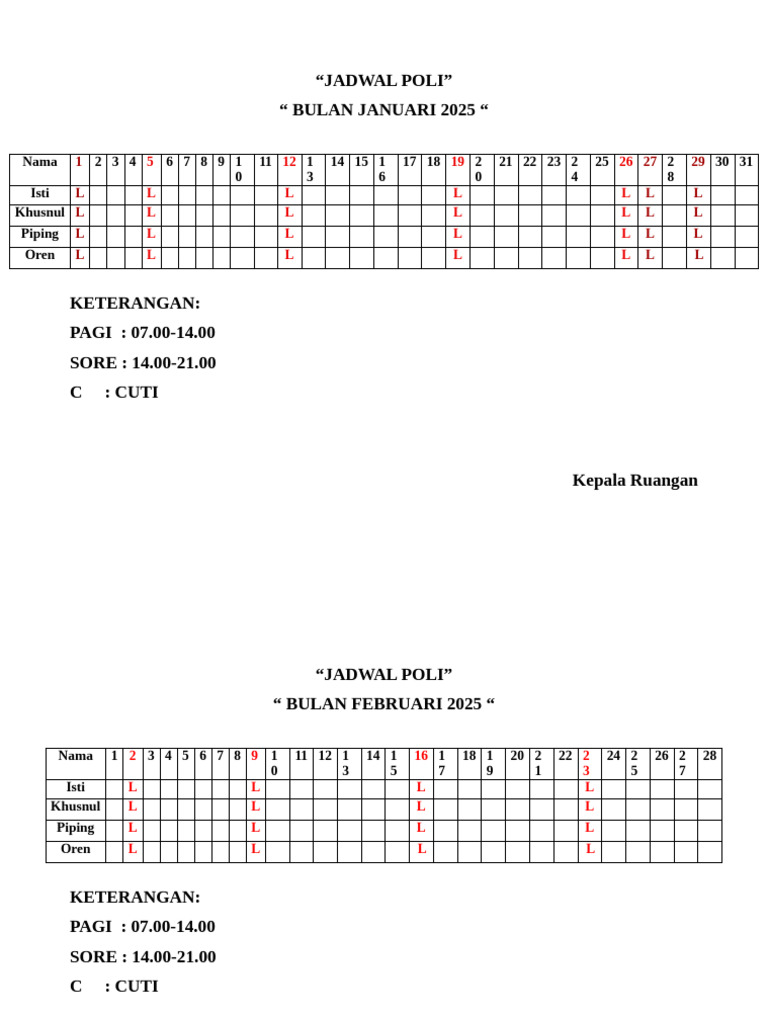 Jadwal Poli Jan-Mar 2025 | PDF
