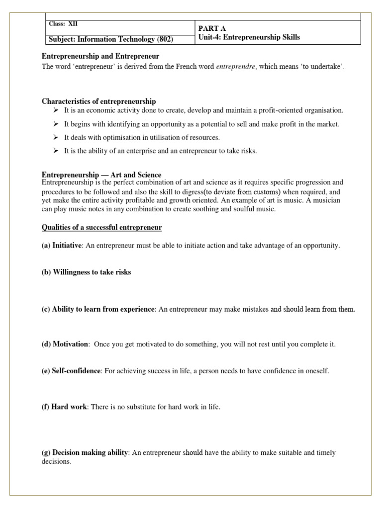 Employability Skills Class XII Unit 4 Notes | PDF | Entrepreneurship ...