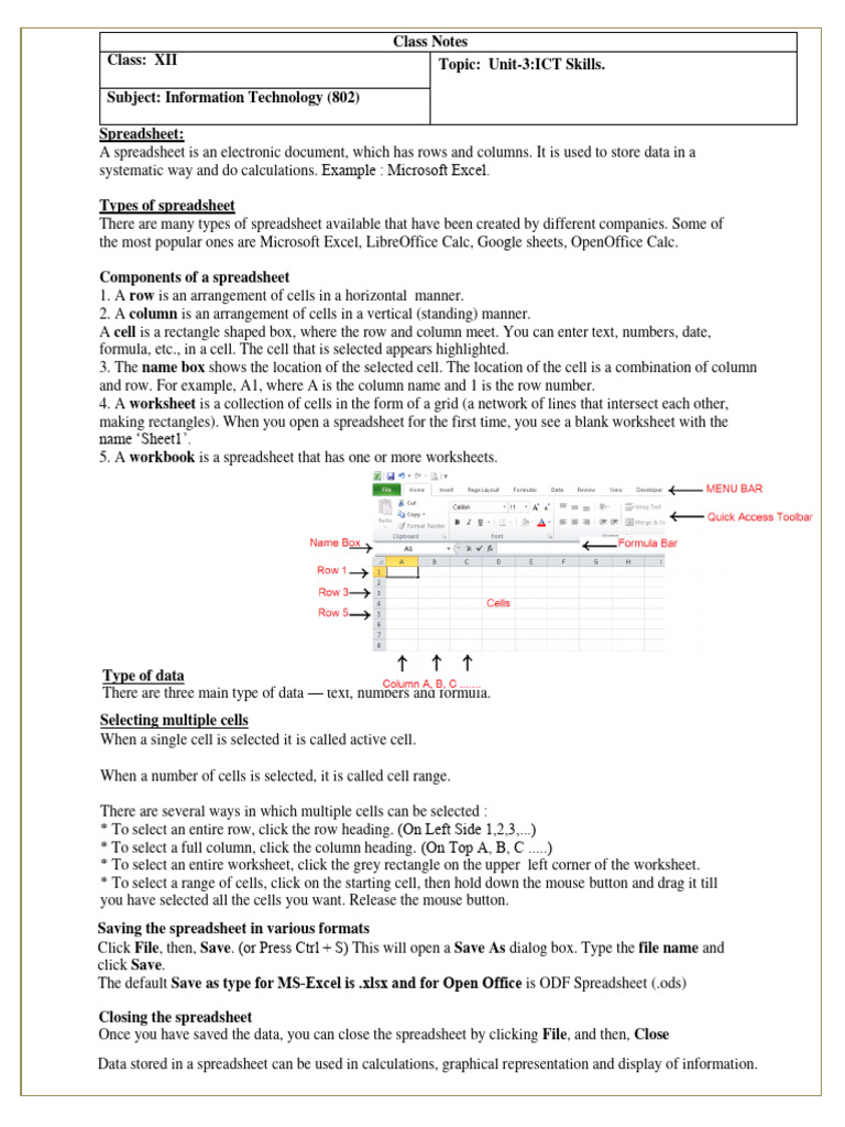 Employability Skills Class XII Unit 3 Notes | PDF | Spreadsheet | Worksheet