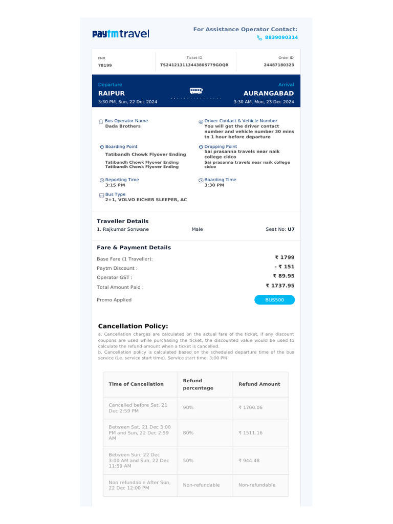 Bus Ticket-Raipur-Aurangabad-22Dec2024 | PDF | Identity Document | Bus