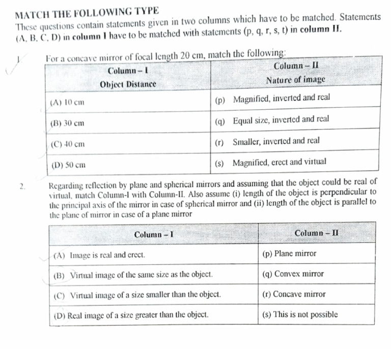 Match The Following Geometrical Optics | PDF