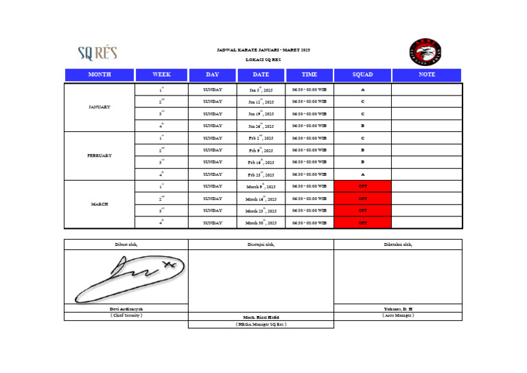 Karate Schedule Jan-Mar 2025 | PDF