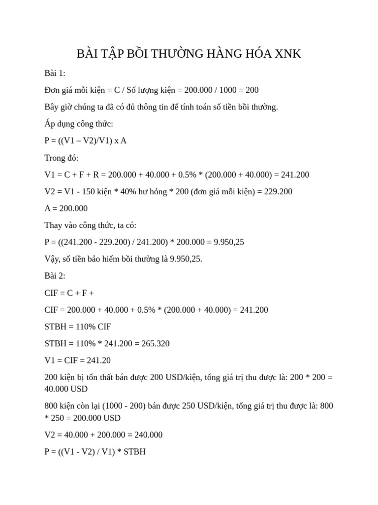 BÀI TẬP BỒI THƯỜNG HÀNG HÓA XNK | PDF