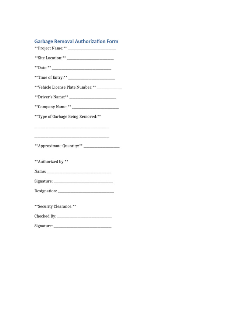 Garbage Removal Authorization Form | PDF