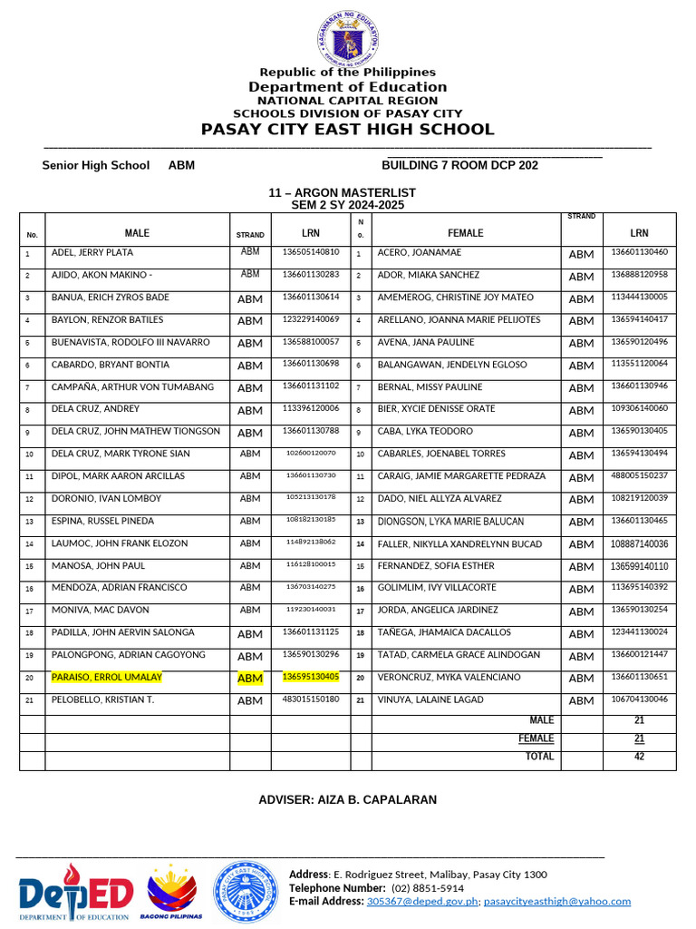 11 Argon Capalaran Masterlist 2024 2025 | PDF
