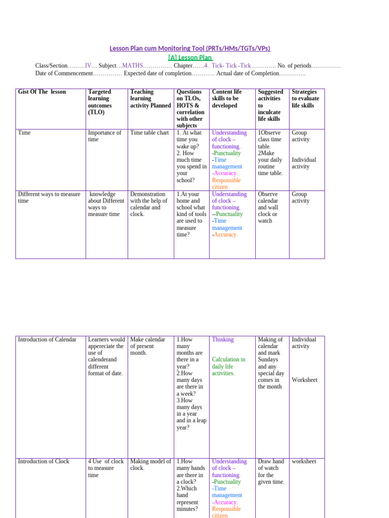 L 4 Tick Tick Tick Class 4 Maths KV2 RCF Modified | PDF | Clock ...