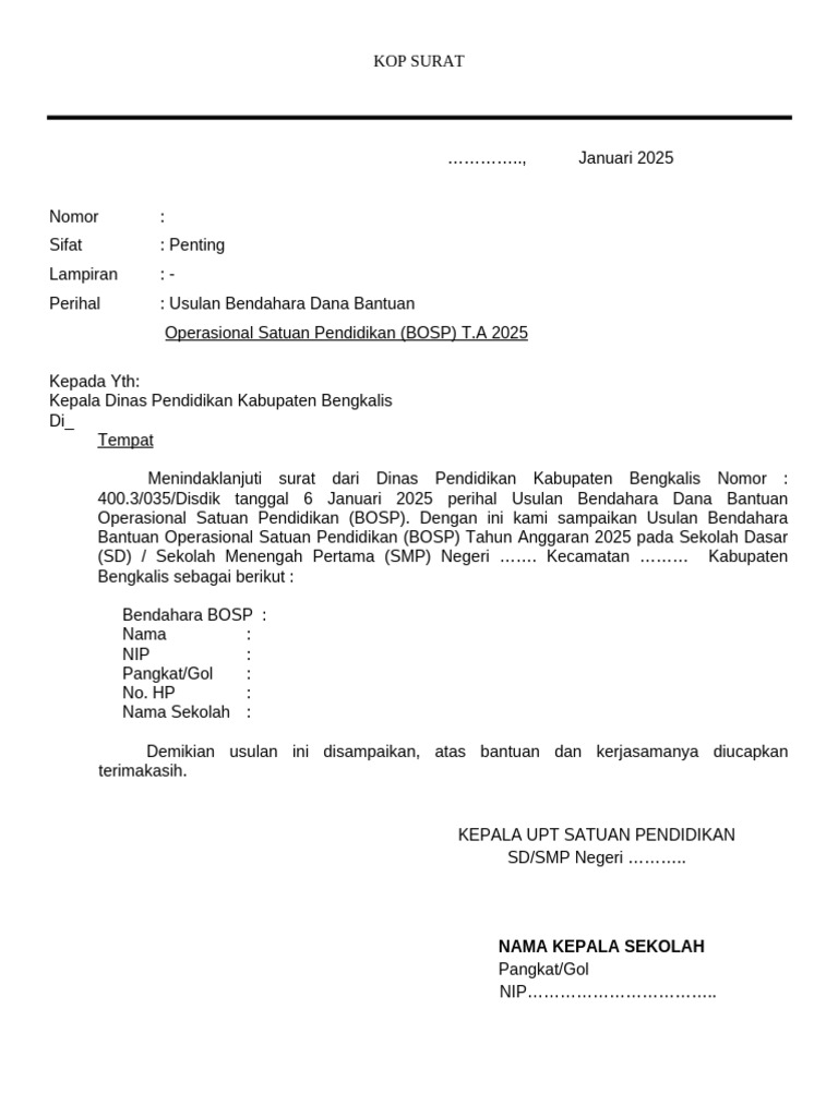 Contoh Surat Usulan Bendahara Bosp Tahun 2025 | PDF