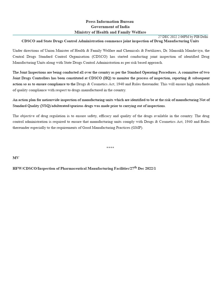 CDSCO and State Drugs Control Administration Commence Joint Inspection ...