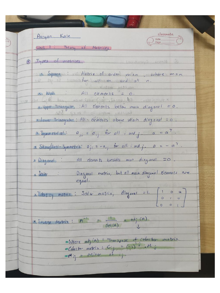 Unit 1 - Matrices (Custom notes) | PDF
