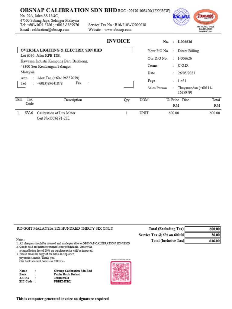 Invoice I-006626 for OVERSEA LIGHTING & ELECTRIC SDN BHD | PDF ...