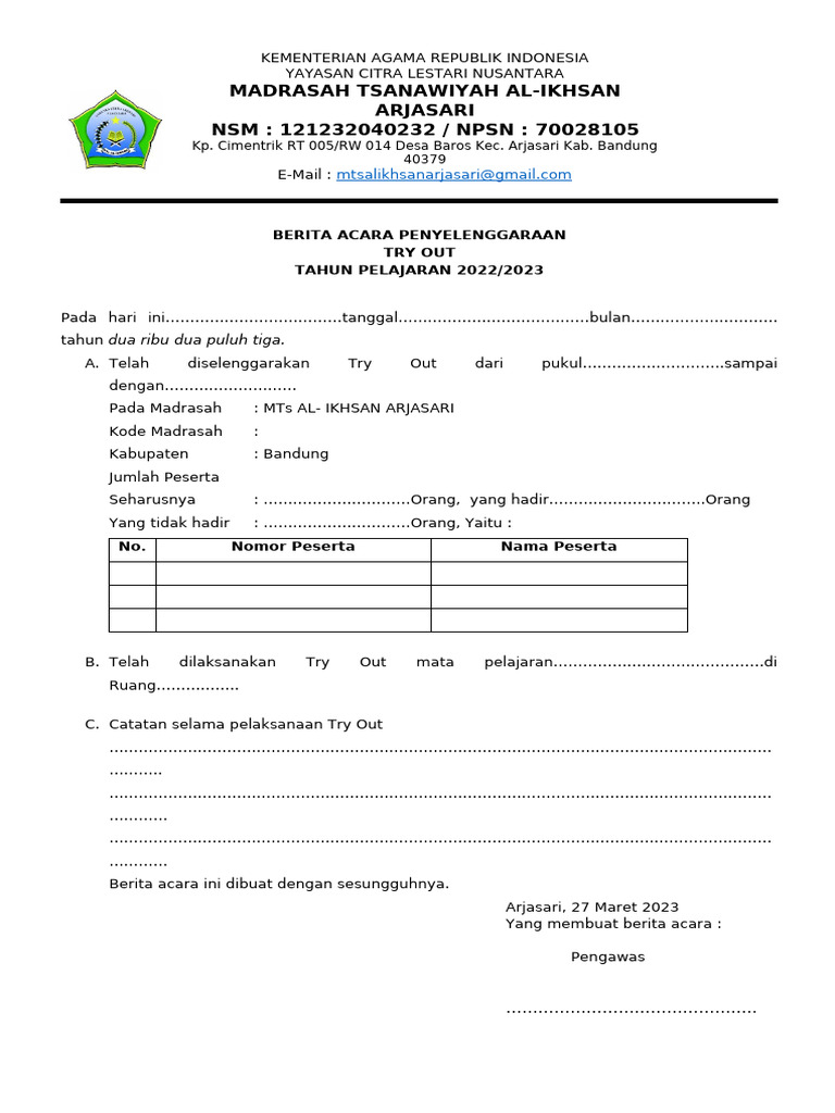 Berita Acara Penyelenggaraan Try Out | PDF