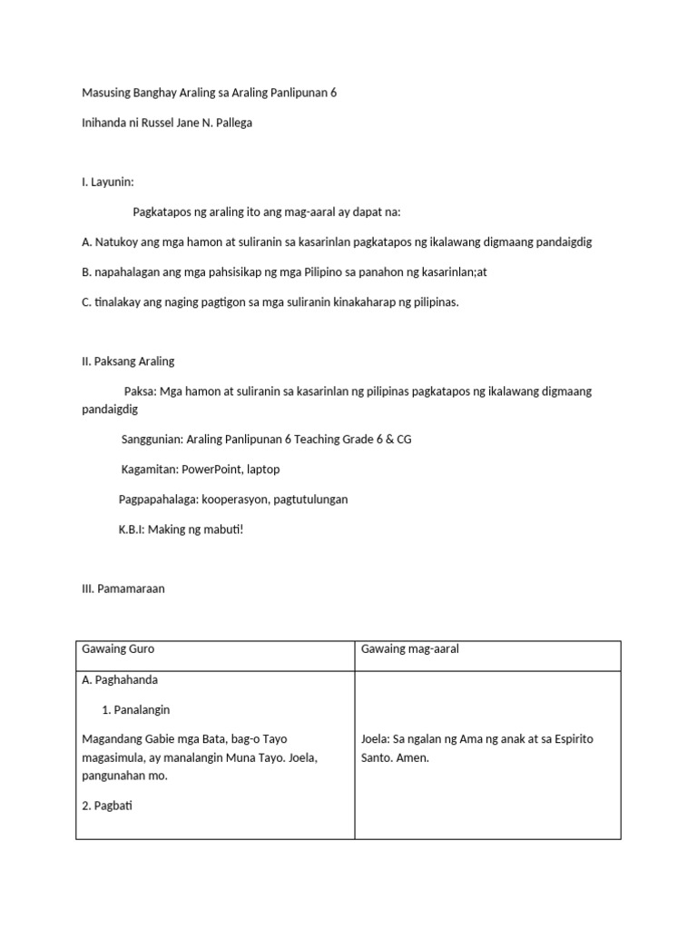 A Detailed Lesson Plan in Arpan 6 | PDF