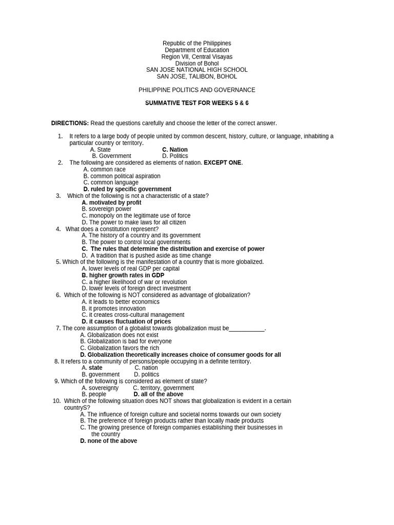 SUMMATIVE TEST PP11 QUARTER 1 WEEK 5&6 | PDF | Sovereignty | Globalization