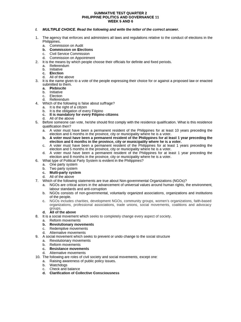 SUMMATIVE TEST PPG 11 QUARTER 2 WEEK 5 and 6 | PDF | Elections | Democracy