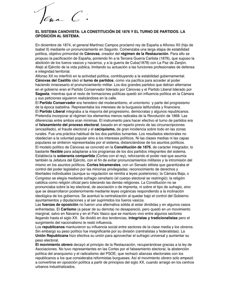 Constitución de 1876 y Turno de Partidos | PDF | Política de españa ...