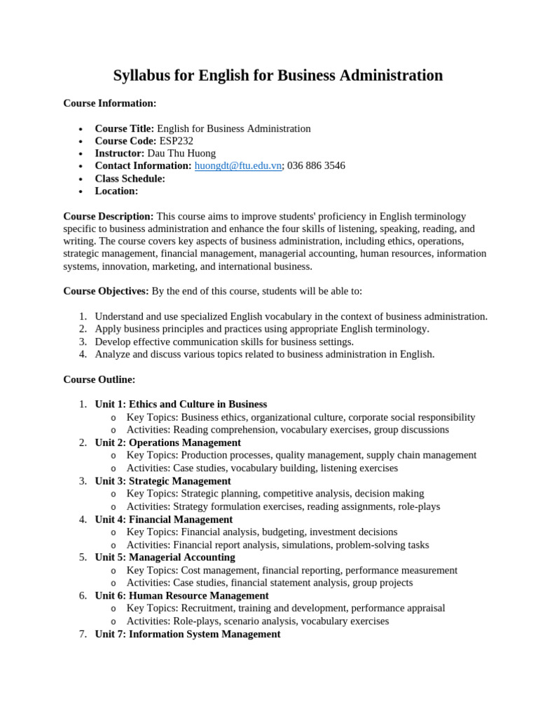 English for Business Administration Syllabus | PDF | Strategic ...