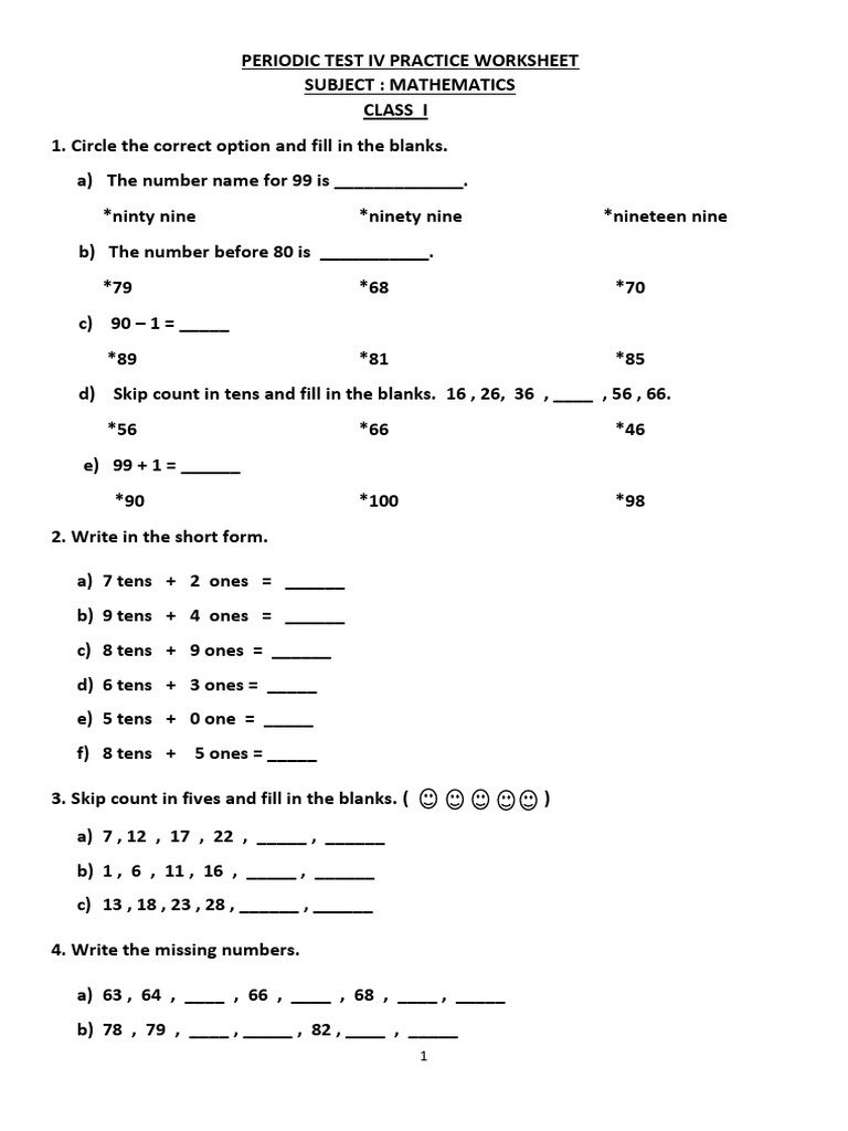 PT 4 Maths Worksheet Class 1 | PDF | Mathematics