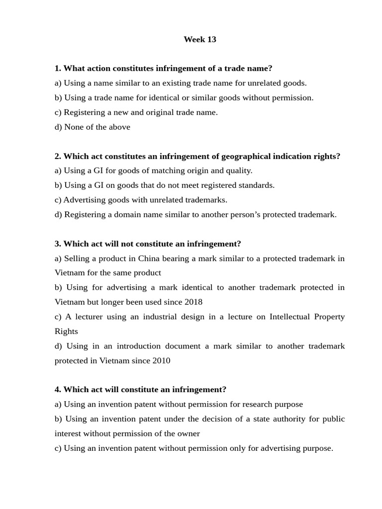 W13 - Questions | PDF | Trade Secret | Trademark