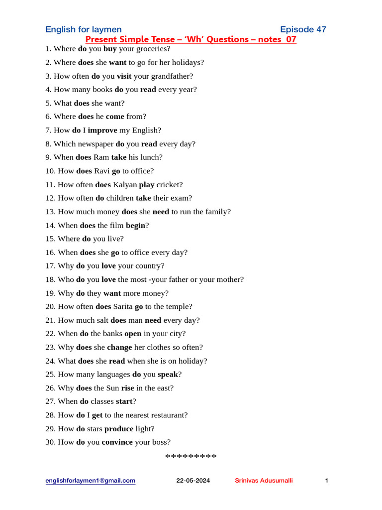 Notes Episode 47 Simple Present Tense - Wh Questions Episode 7 | PDF