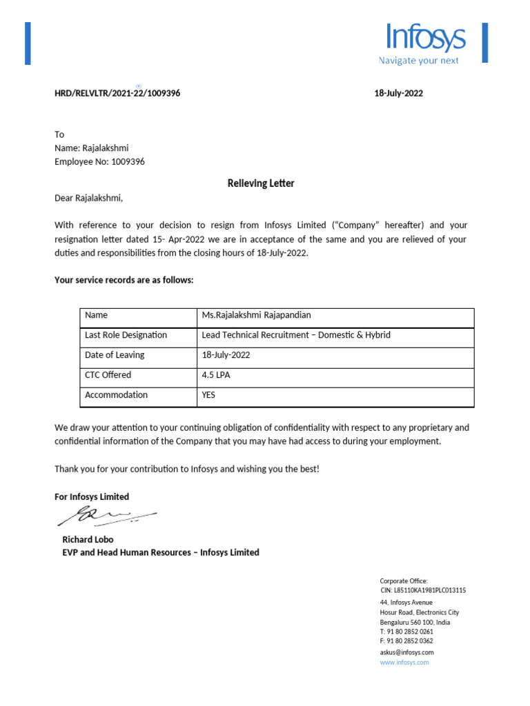 Infosys Employee Relieving Letter | PDF