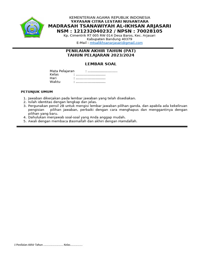 Kop Naskah Soal Pat | PDF