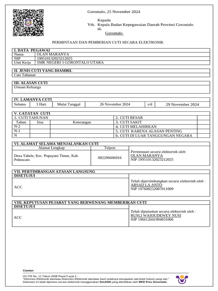 Permohonan Cuti Elektronik Olan Maranya | PDF