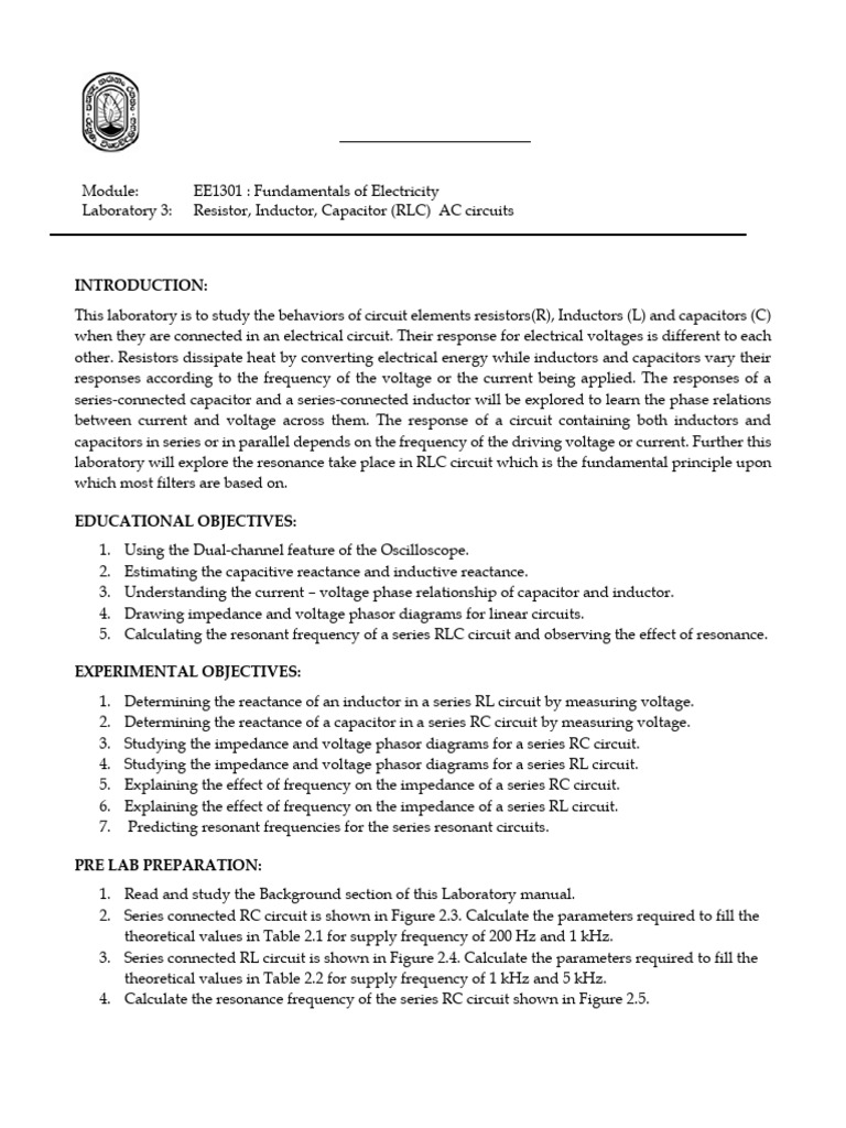 RLC Circuit Analysis Lab Guide | PDF | Electrical Network | Inductor