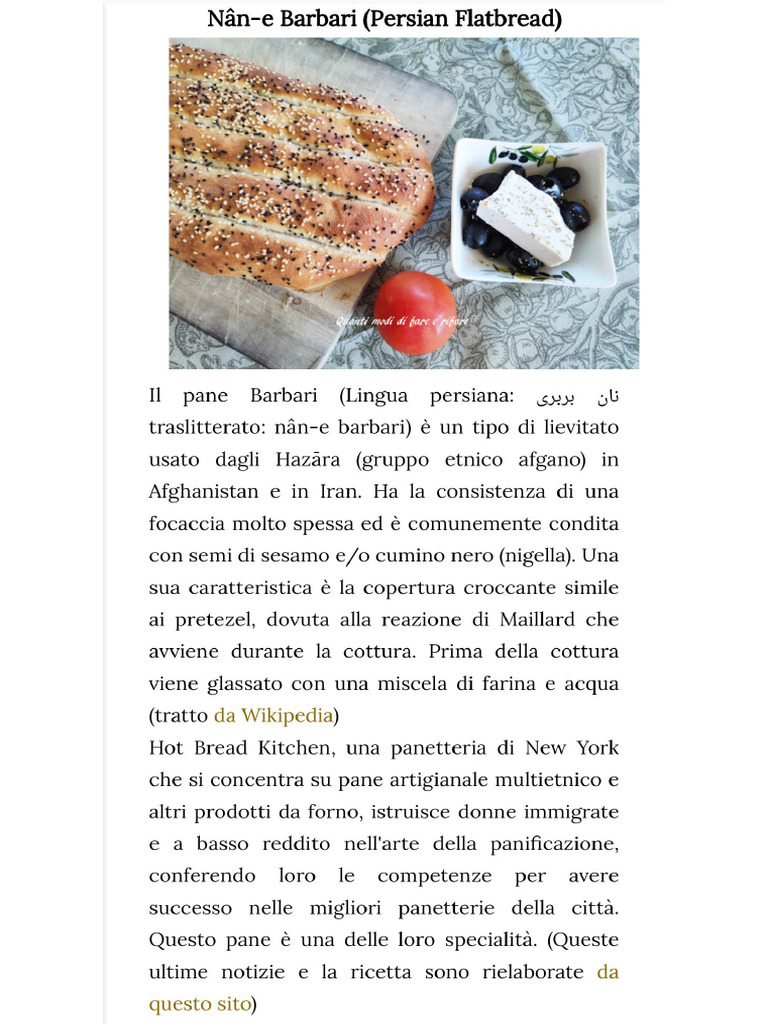 Ricetta Pane Nân-E Barbari (Persian Flatbread) | PDF