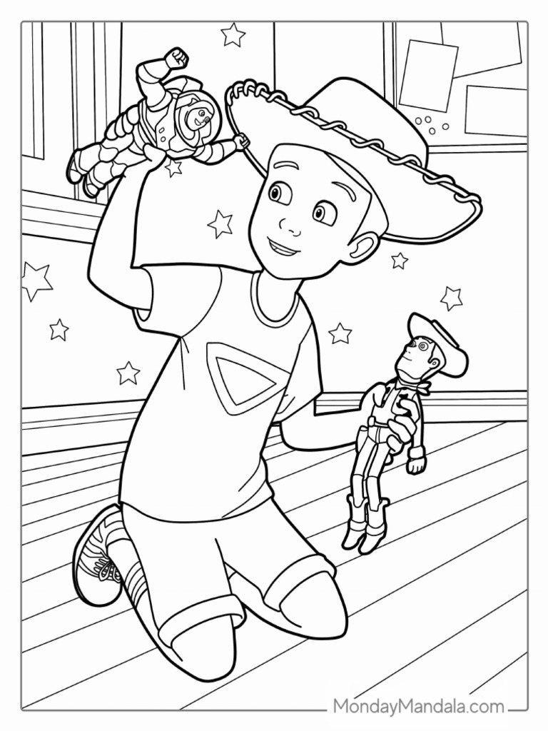 Andy Playing With Buzz and Woody Coloring Page | PDF