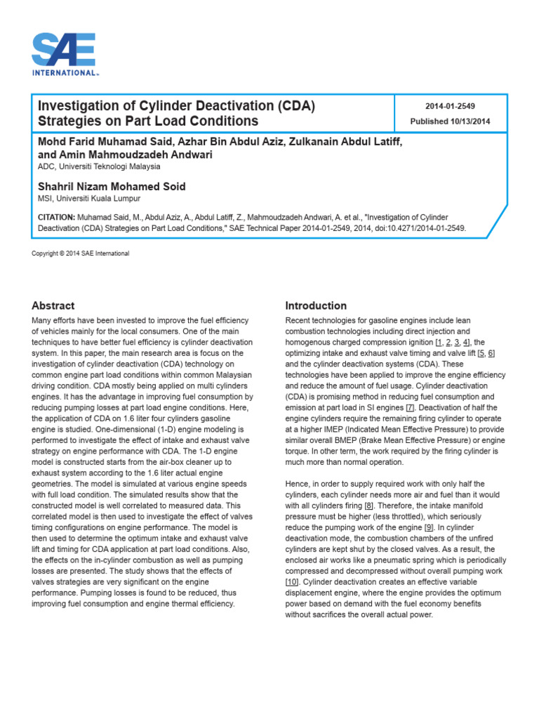 Investigation of Cylinder Deactivation (CDA) Strategies On Part Load ...