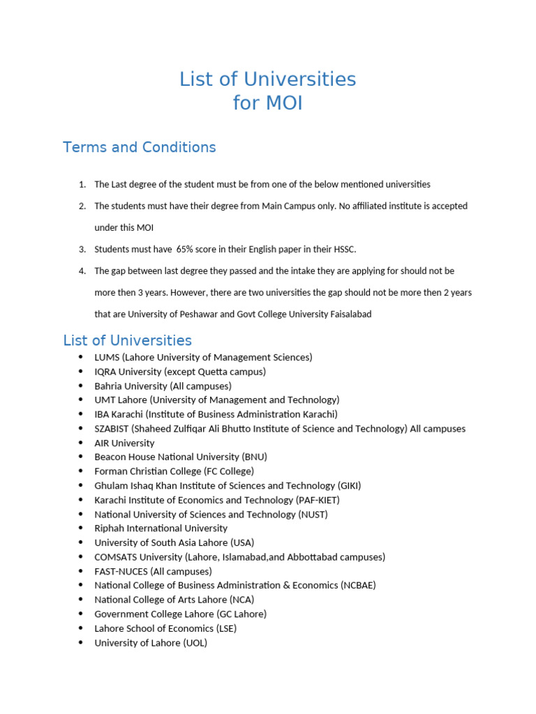 MOI Accepted Universities List | PDF