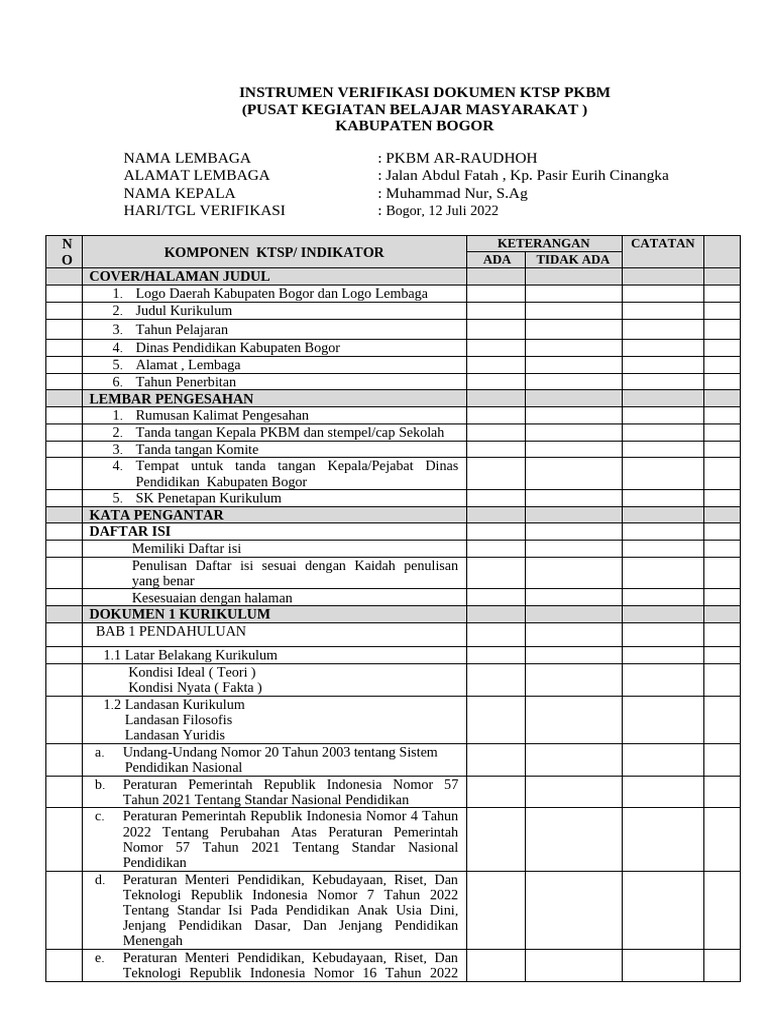 INSTRUMEN VERIFIKASI DOKUMEN KTSP PKBM | PDF