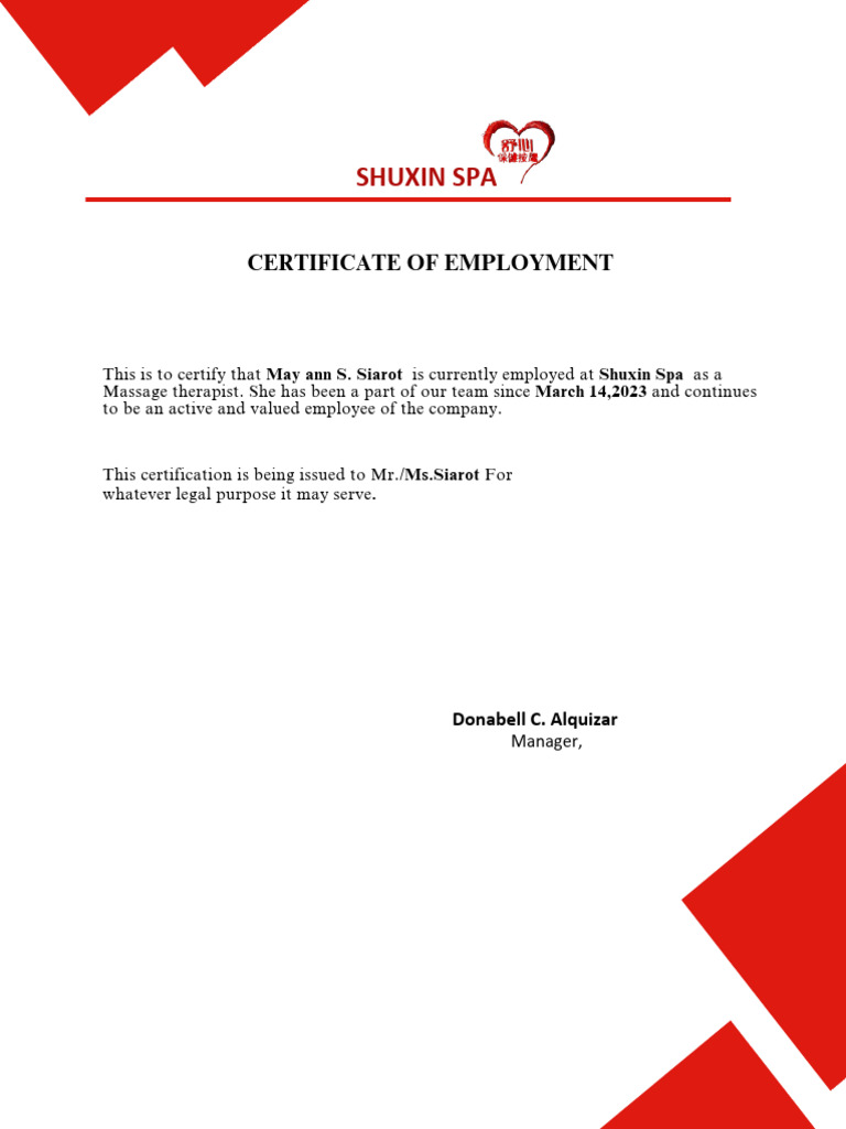 Shuxin Spa: Certificate of Employment | PDF