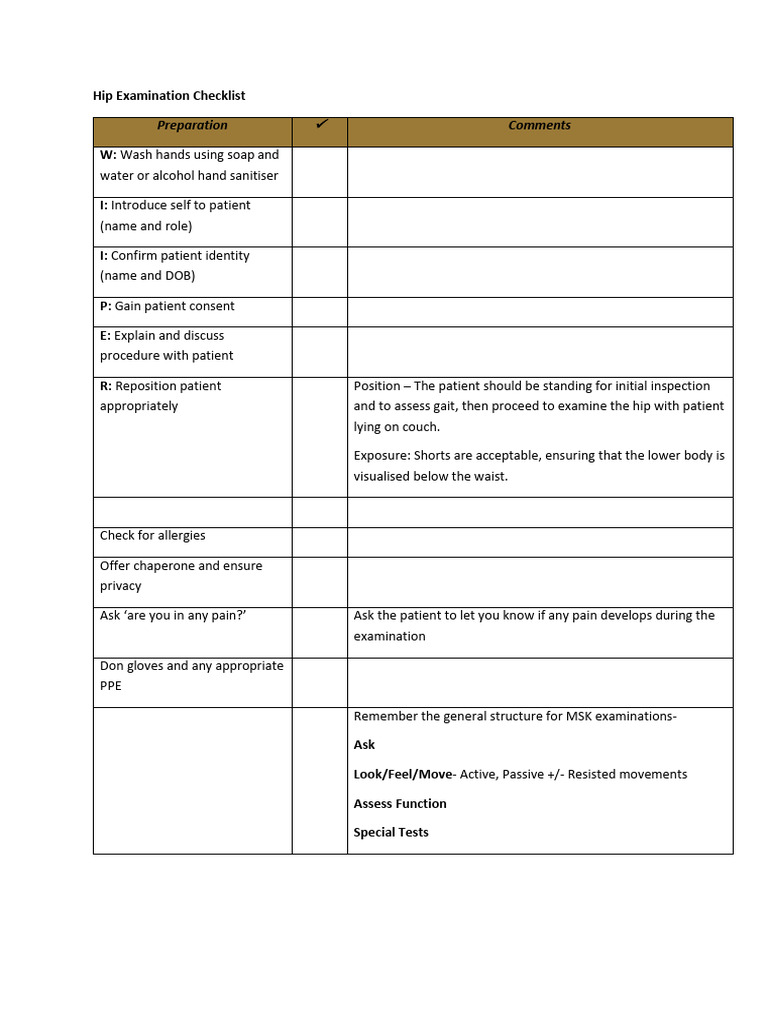 Hip Examination Checklist | PDF | Anatomical Terms Of Motion | Pelvis