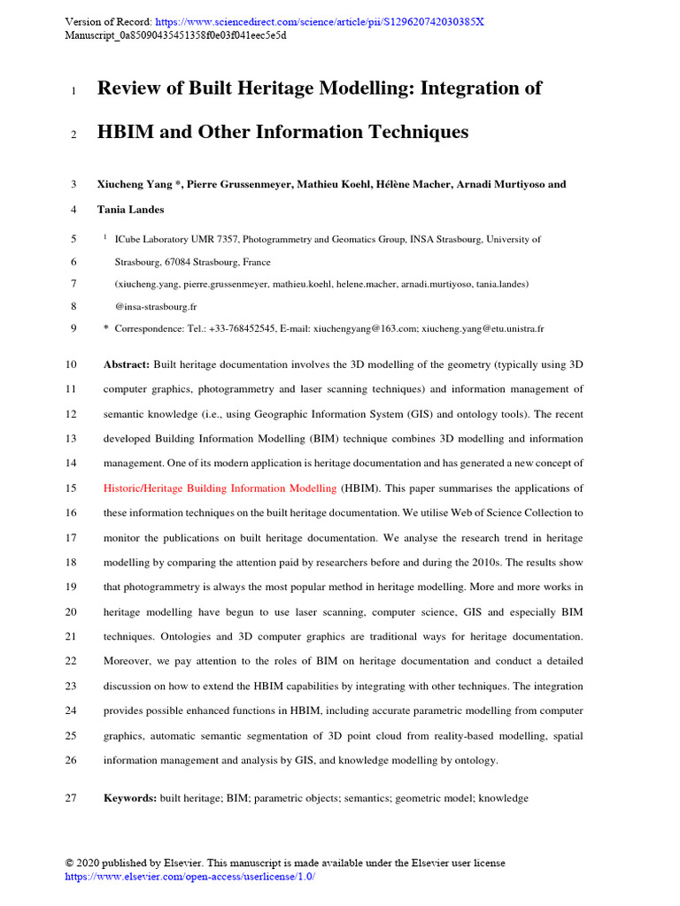 Review of Built Heritage Modelling Integration of HBIM and Other ...