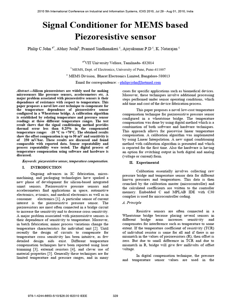 Signal Conditioner For MEMS Based Piezoresistive Sensor | PDF | Sensor | Analog To Digital Converter