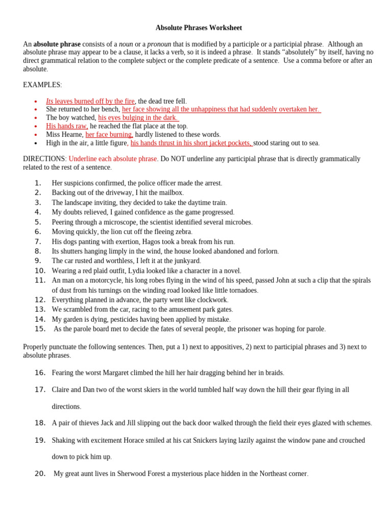 Absolute Phrases Worksheet | PDF | Phrase | Verb